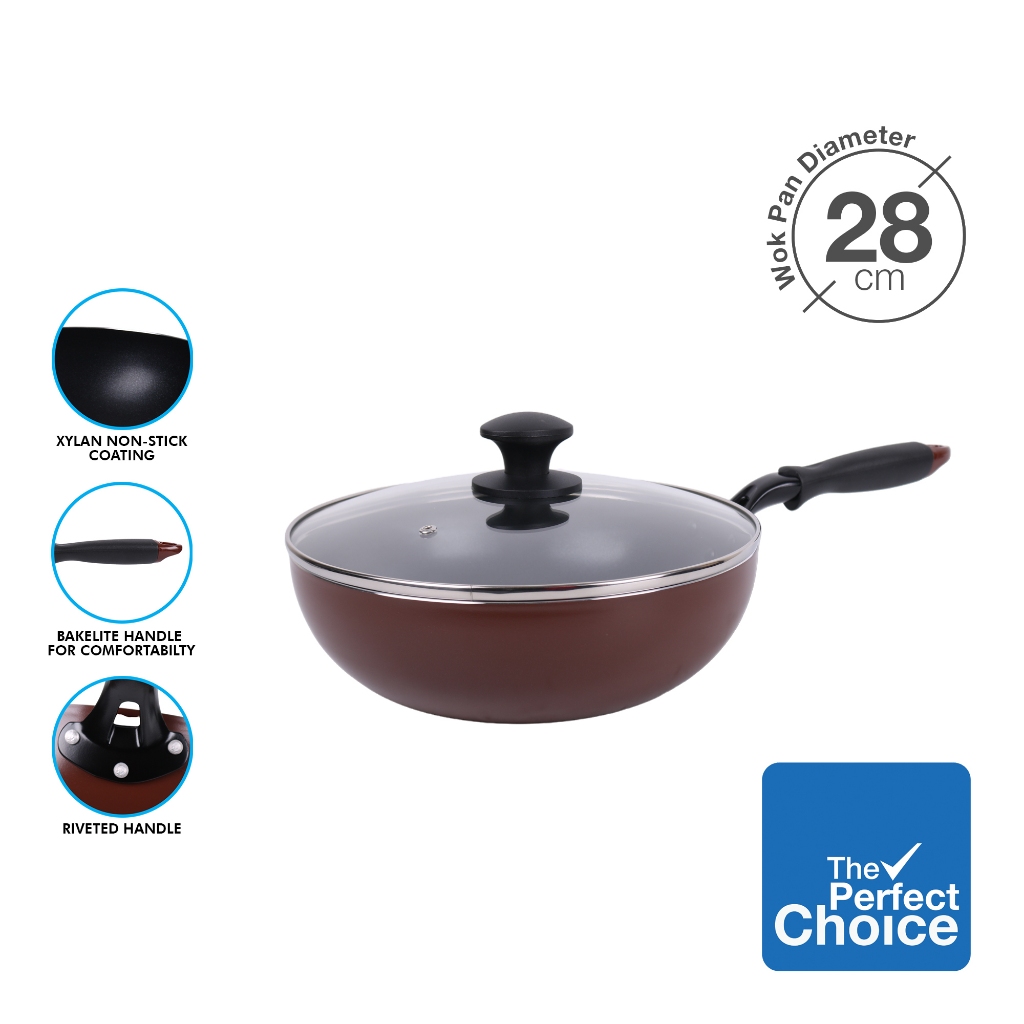 The Perfect Choice Non-Stick Wok Pan With Lid 28cm Bakelite Riveted ...