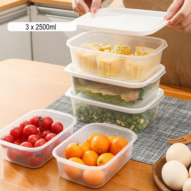 3 pcs Food Storage Container Plastic Kitchen Refrigerator Box Transparent Sealed Box 2500ML ...