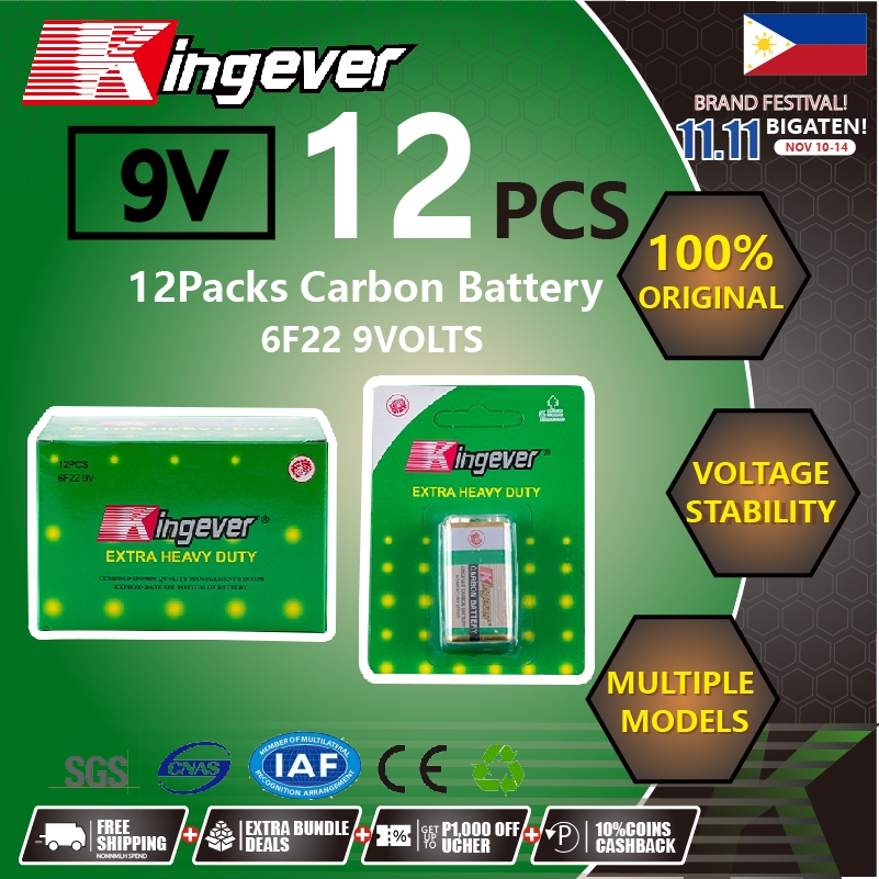 Kingever 12 pcs Orignal Extra Heavy Duty Green 9V 6F22 Battery | Shopee Philippines