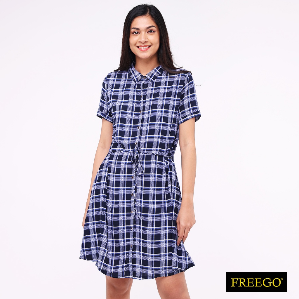 Freego Ladies Woven Checkered Rayon Short Sleeves Dress AST08-0022 ...