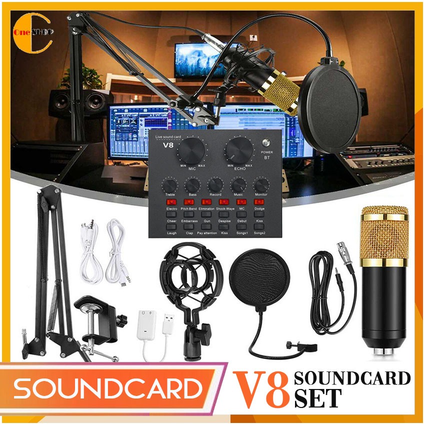 V8 Sound Card Set Audio Interface External Live Broadcast Microphone ...