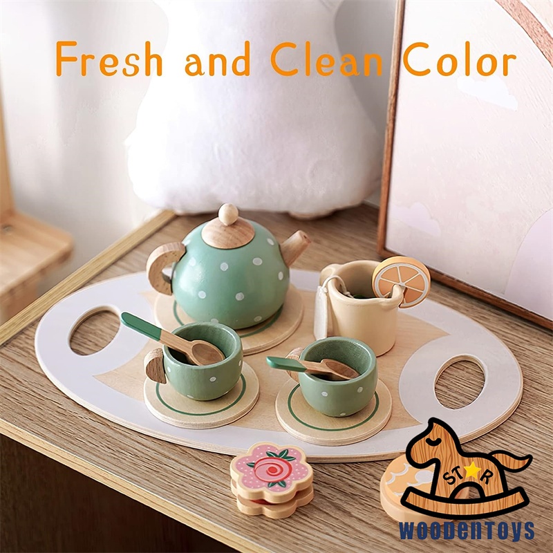 15pcs Wooden Tea Set for Little Girls Toddler Tea Set Play Kitchen ...