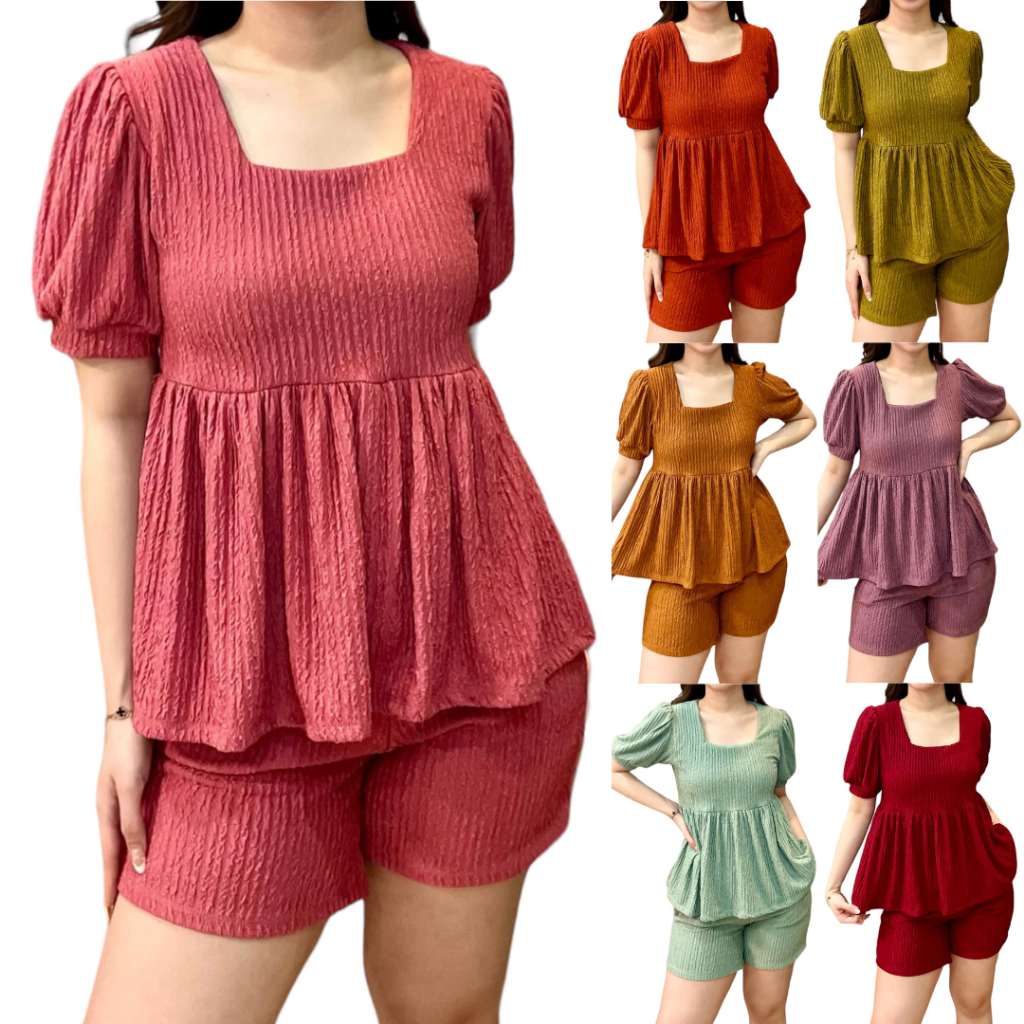GC Peplum Top & Shorts Coords Terno for Women | Semi-Puff Square Neck ...