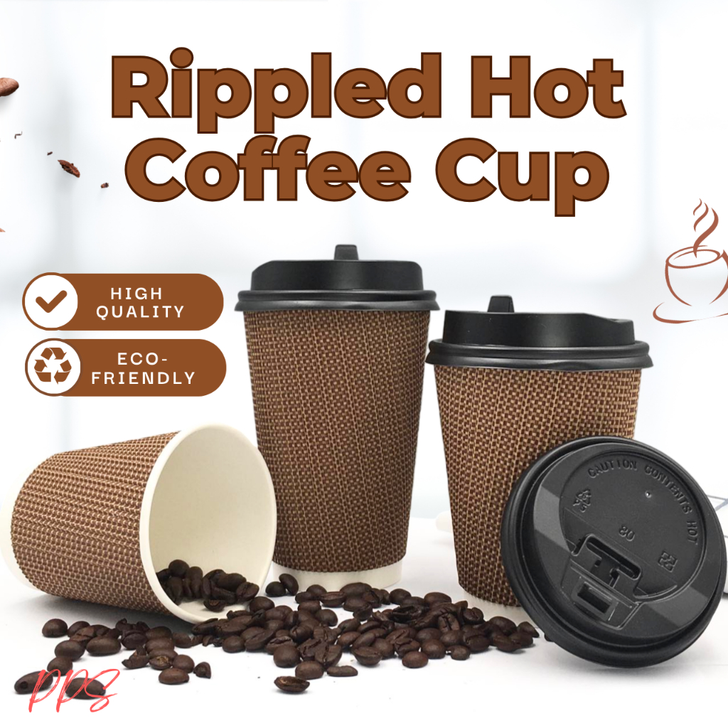 50pcs 8oz/12oz/16oz Brown Pearl Rippled Coffee Cups with Black Flip Lid ...