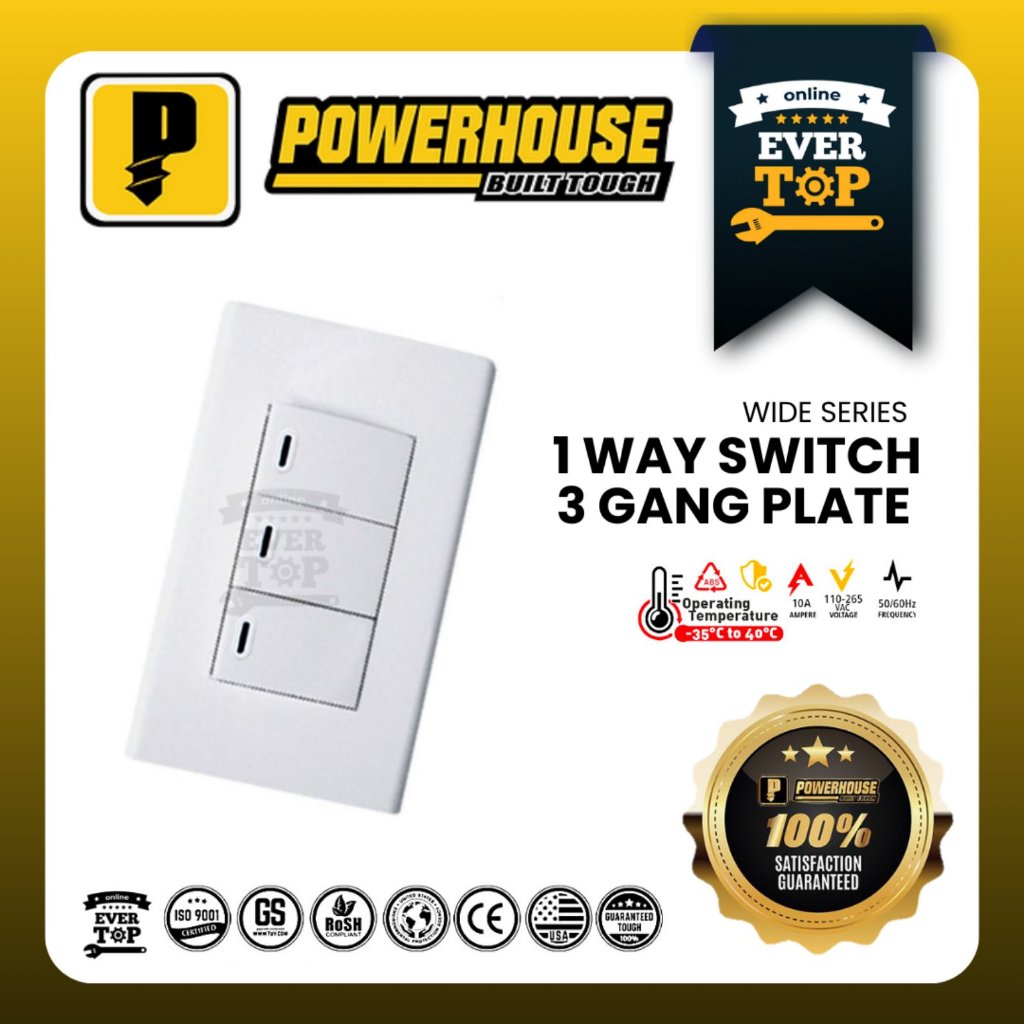 3 GANG PLATE W/ ONE WAY SWITCH POWERHOUSE ELECTRIC 120mm x 70mm (250V ...