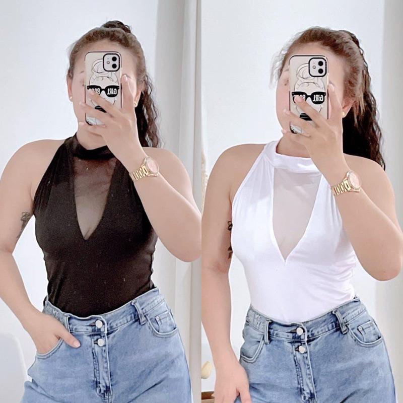 MXN| V-Neck Mesh Insert Top | Shopee Philippines