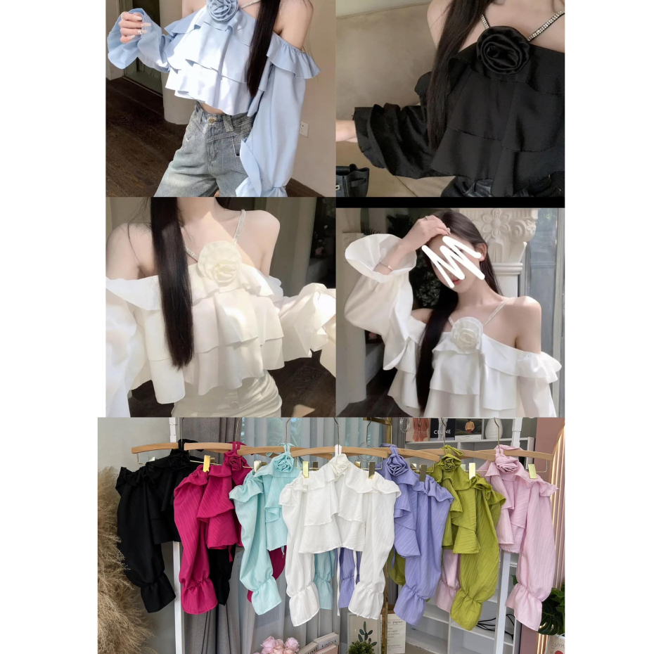 Authentic Bangkok Flower Off Shie Tie Neck Layered Longsleeves Tops ...