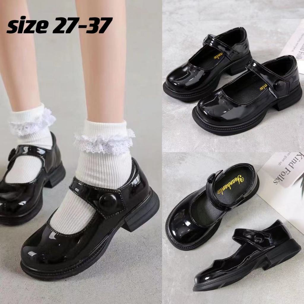 Girls school black shoes for kids fashion non slip leather rubber ...