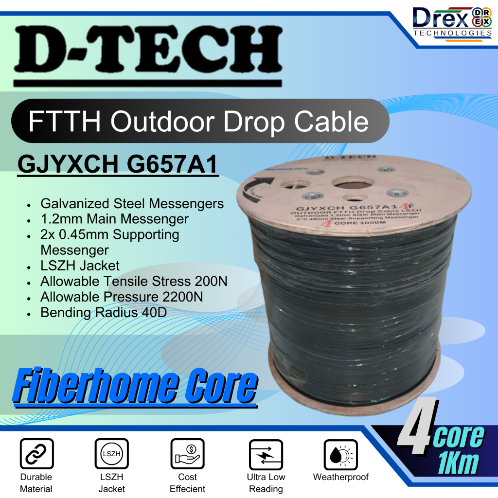 D-TECH FTTH Drop Cable 4Core 1KM G657A1 - w/ 3-Steel 1.2mm Galvanized Messenger | Shopee Philippines