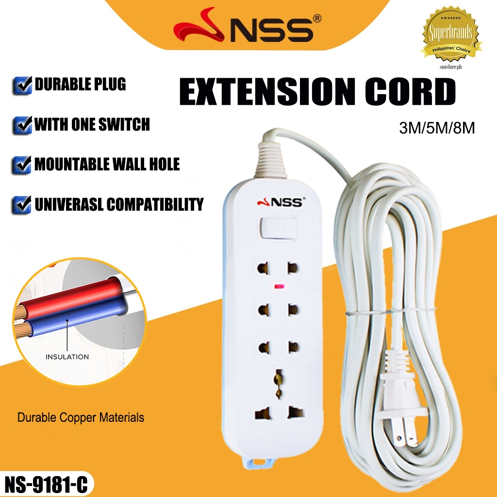 NSS Color Extension Cord 4 Gangs with 1 Switch 250V 2500W 3 Meters/5 ...