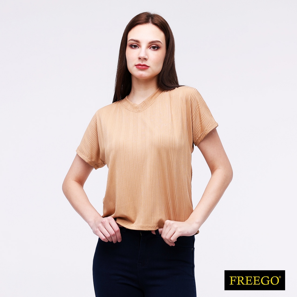 Freego Ladies Special Ribbing Plain Knits Short Sleeves Blouse AST12 ...