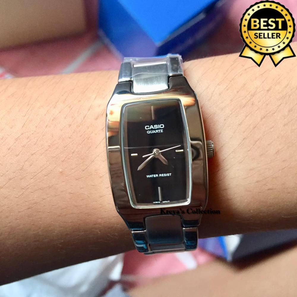 Casio Rectangle Quartz Analog Classic Black Dial Stainless Steel Watch ...