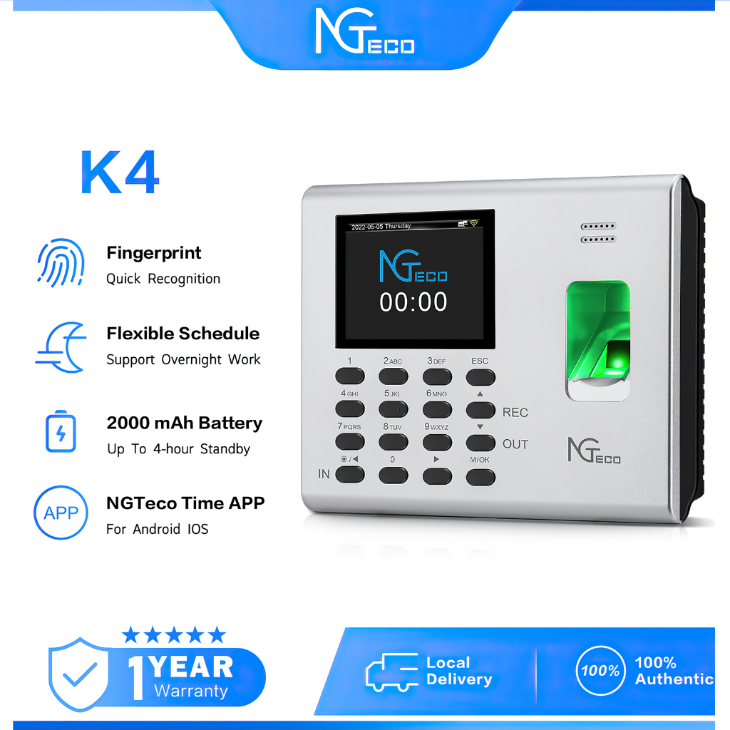 NGTeco Battery Fingerprint Time Attendance Machine WiFi Time Recorder ...