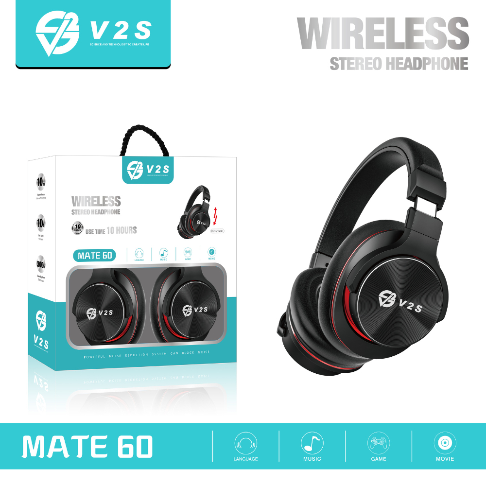 V2S MATE 60 Wireless Stereo Headphone Noise Cancellation With Built-in ...