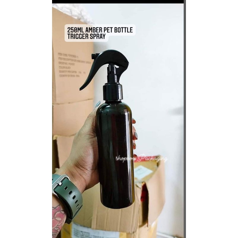 250ml dark amber plastic bottle with trigger black spray | Shopee ...