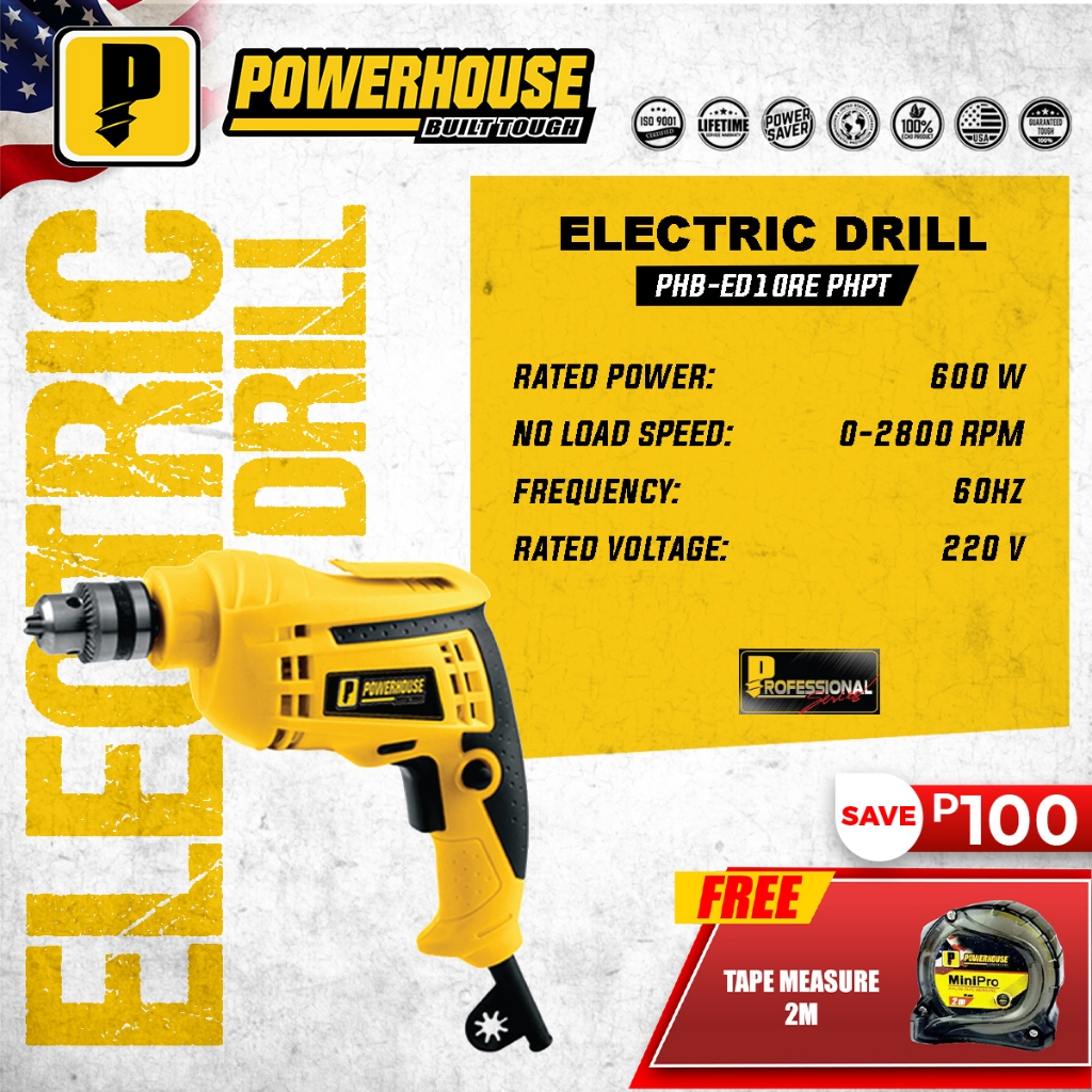 Powerhouse USA Electric Drill Set Original 600W 10mm PHB-ED10RE PHPT ...
