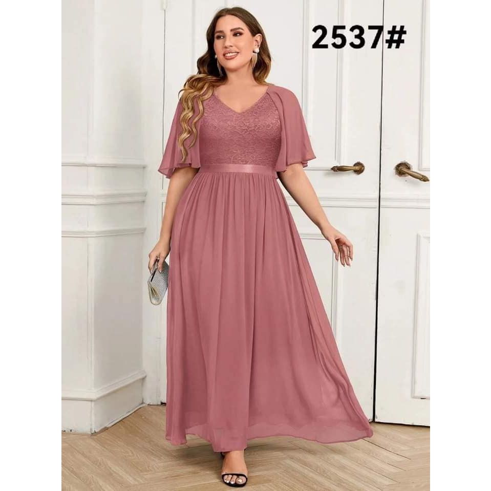 Plus Size Formal Dress Lace Maxi Elegant Party Pink Dresses | Shopee ...