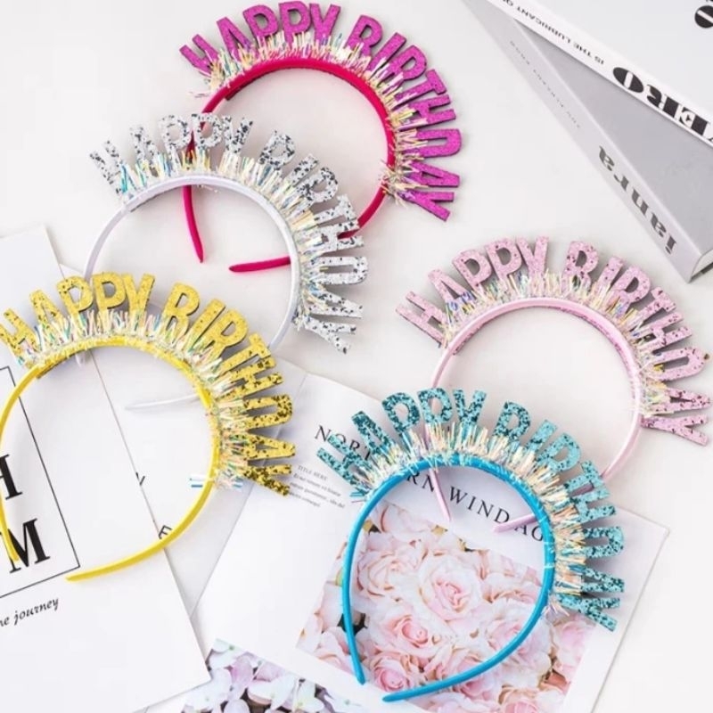 Ins Style Bright Glitter Ribbon Happy Birthday Party Headband Birthday ...