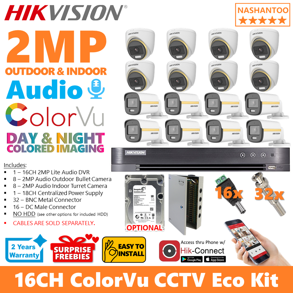 HIKVISION 16CH 2MP 16Cameras (8 Bullet, 8 Dome) ColorVu Audio Camera Package 16/16CRA2 ECO-CPS ...
