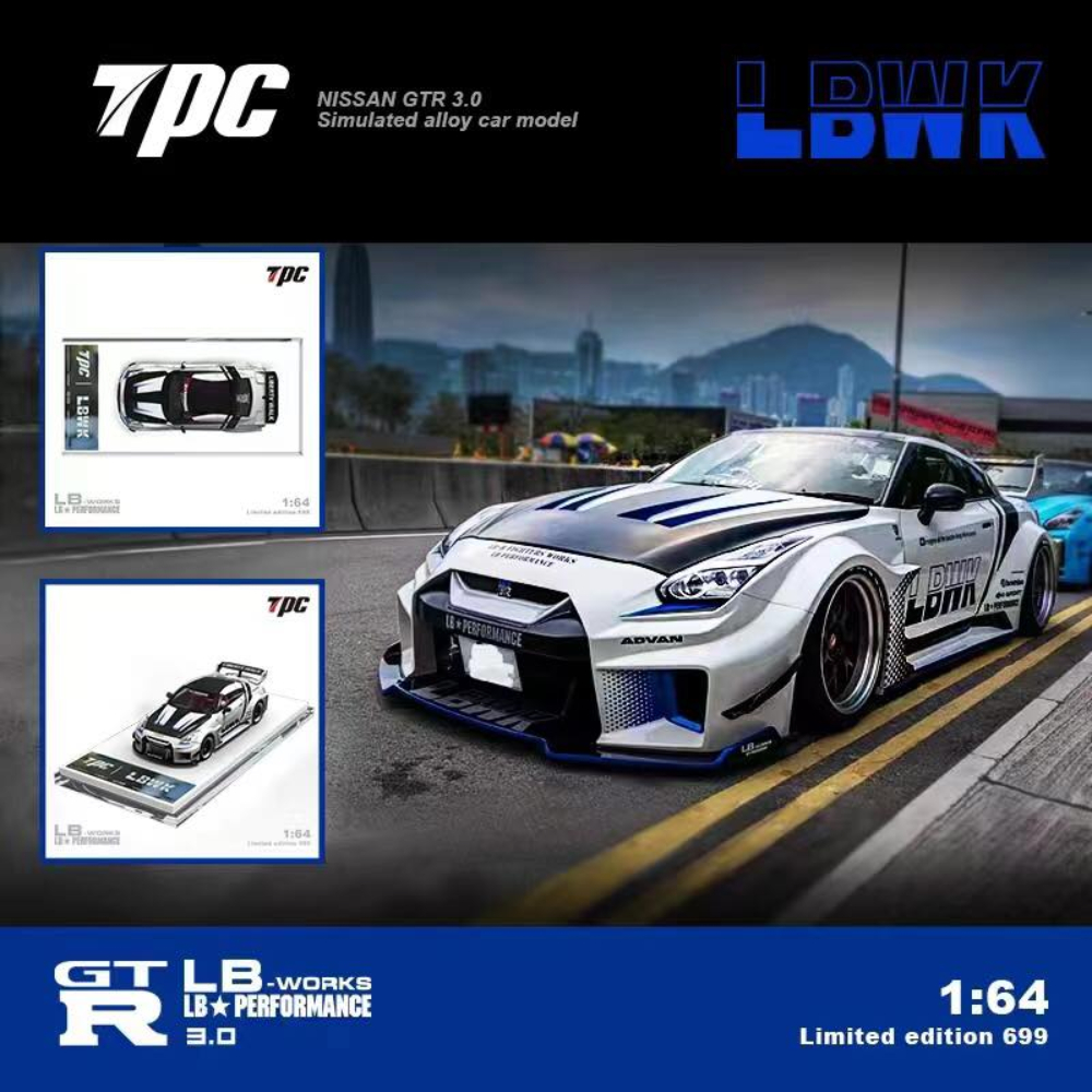 TPC 1/674 Scale R35 GT-R Silhouette 35GT-RR 3.0 White with Blue Strips ...
