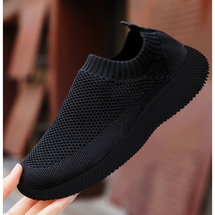 Women Korean Fashion Slip On Shoe All Black Sneaker Comfort Breathable ...