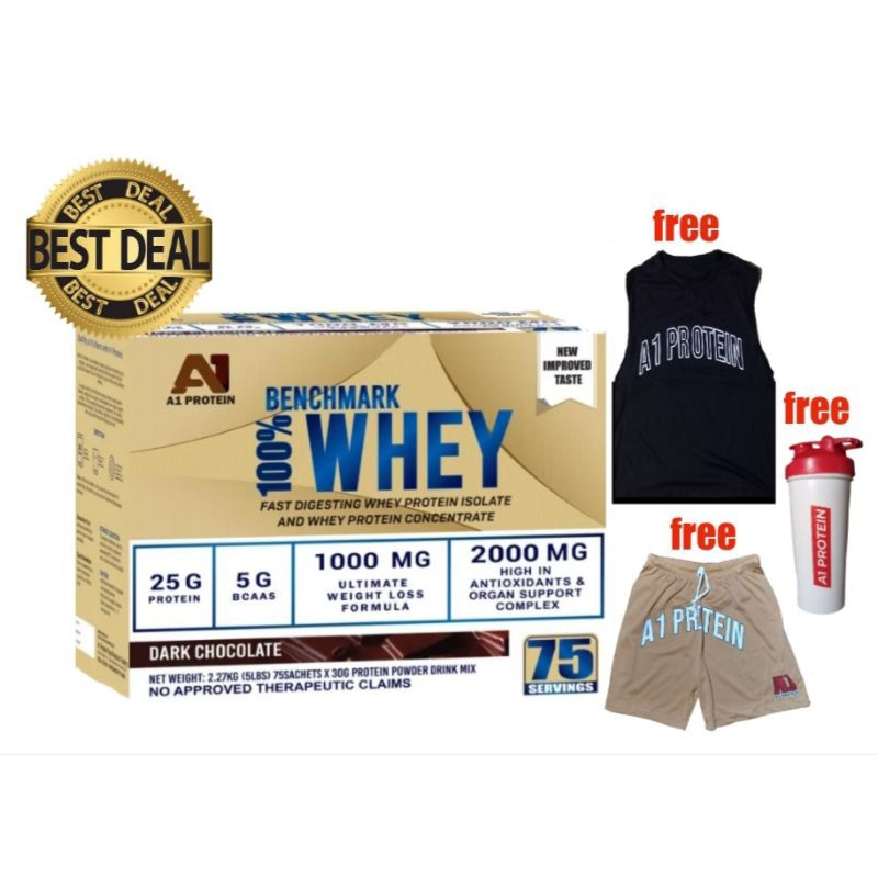 A1 100% Whey Protein by Benchmark, 5lbs / 75srvngs. Free Sando, Short ...