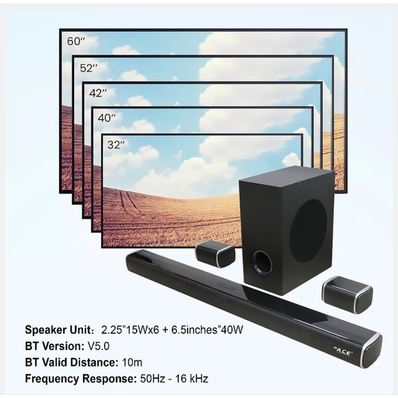 ACE ET-008HT: 5.1ch Soundbar with Wired Subwoofer, Wired Satellite ...