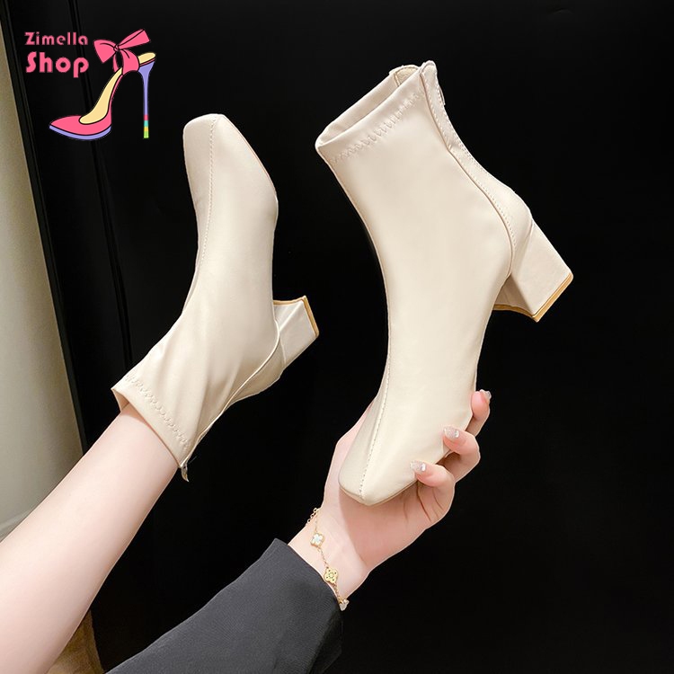 Korean fashion ankle short leather boots with chunky block heels high ...