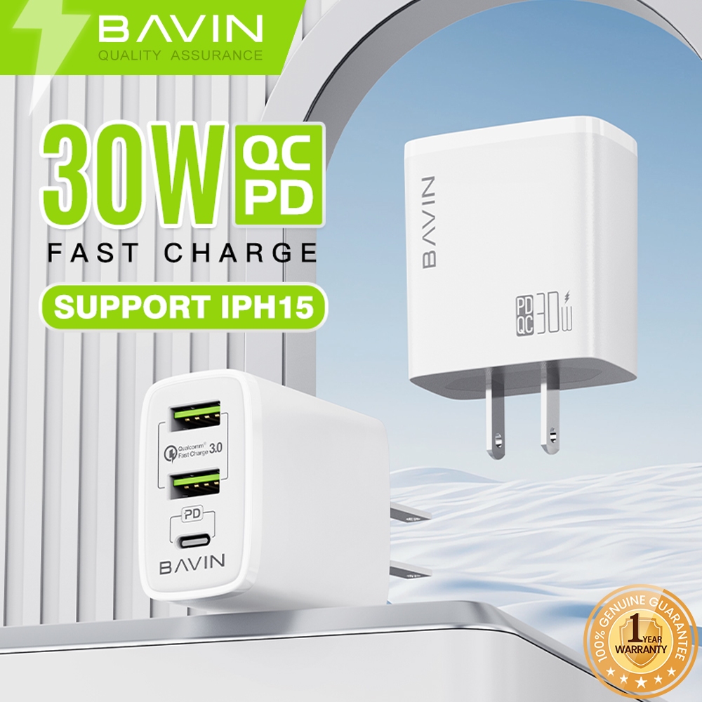 BAVIN PC907 PD Fast Charging 30W Adapter Charger Dual USB QC3.0 & USB-C ...