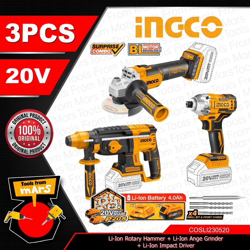 Ingco 3PCS/SET 20V Cordless Rotary Hammer Angle Grinder / 4PCS ...