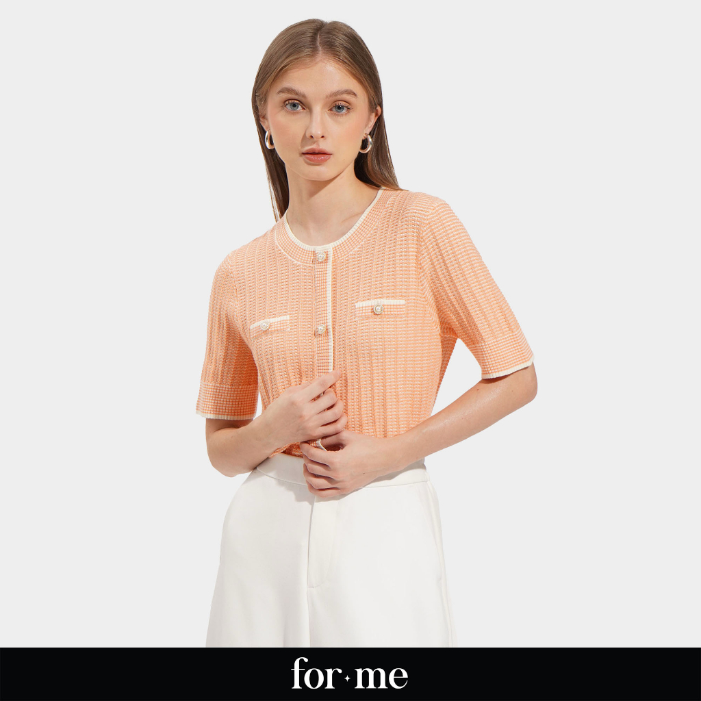 ForMe Button Down Flat Knit Tee T-Shirt With Contrast Detail for Women ...