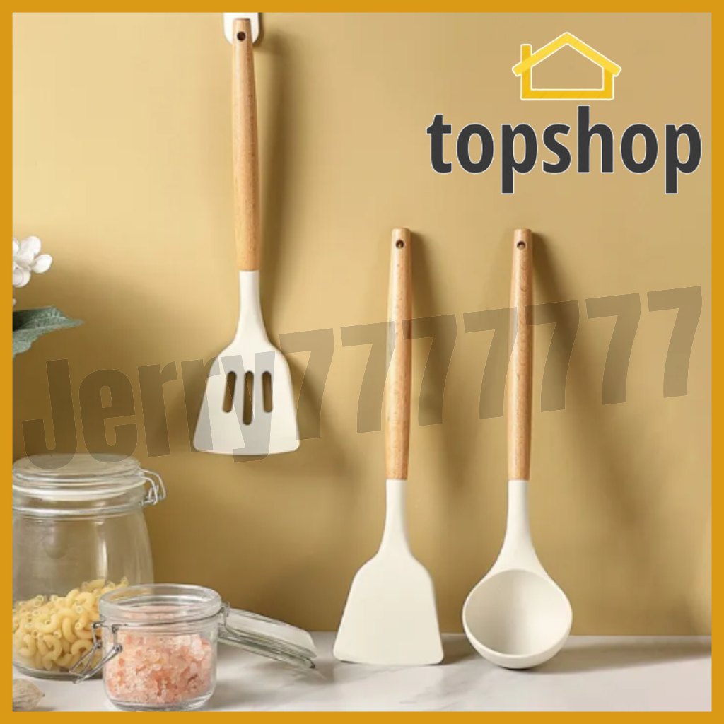 TOPSHOP 3PCS White Silicone Kitchenware Cooking Utensils Set Wooden ...