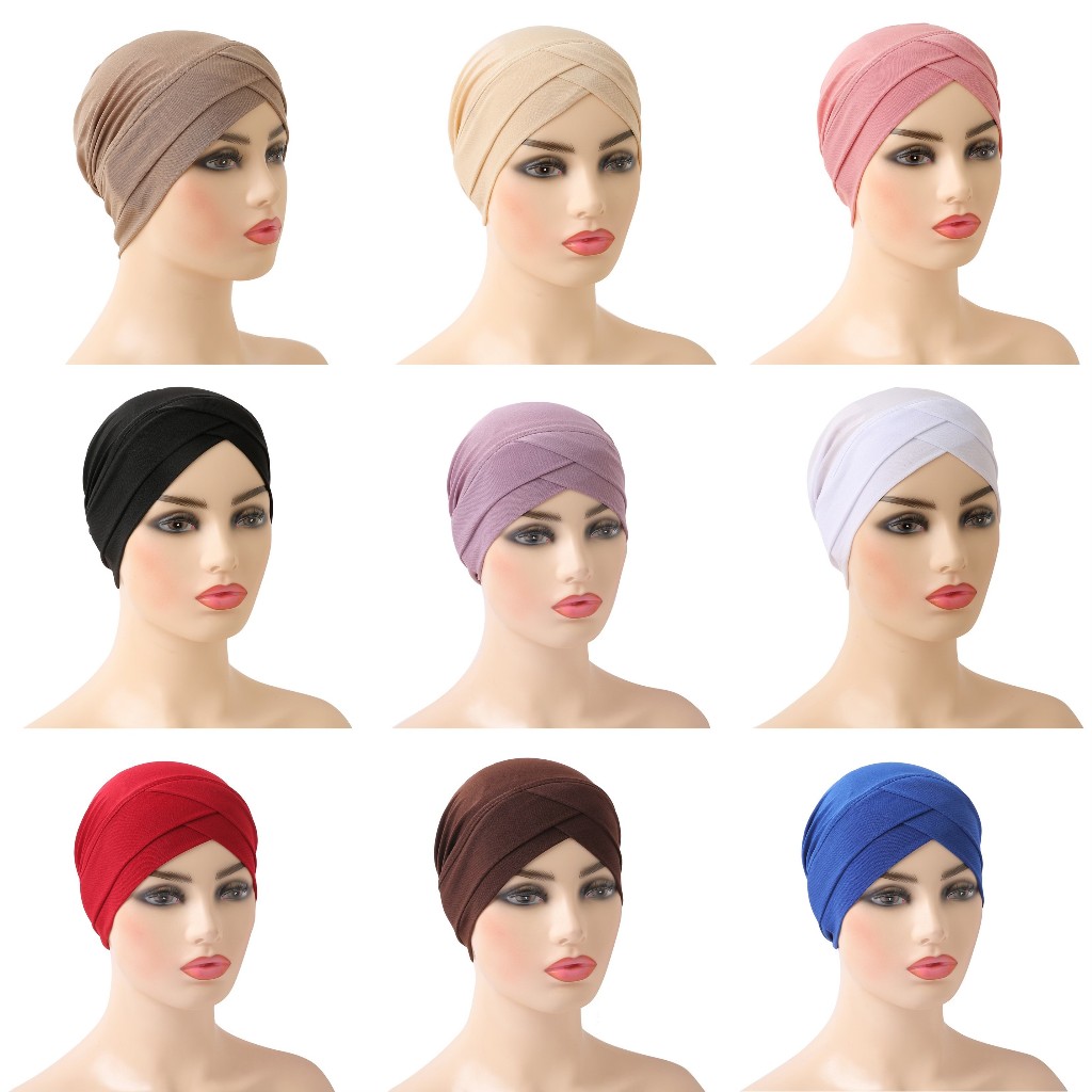 H1000 Forehead criss Cross Muslim Turban Pure Color Stretch Inner ...