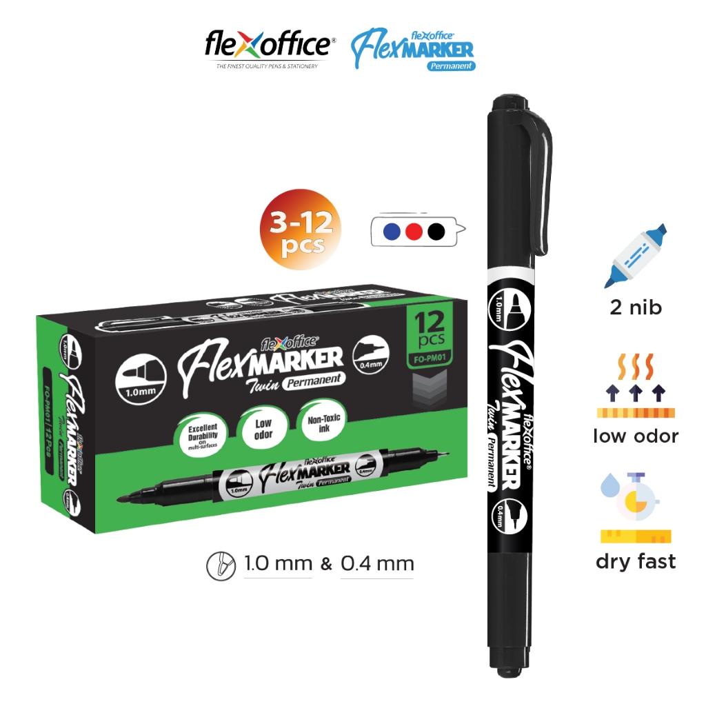 FlexOffice Permanent Marker - Twin nib 0.4 & 1.0mm - 3pcs/12pcs ...