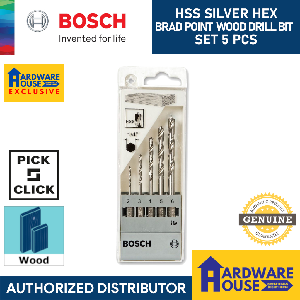 ORIGINAL BOSCH HSS Silver Hex Shank Wood Drill Bit Set Brad Point 5PC ...