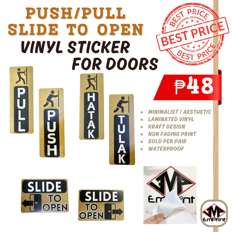 PUSH / PULL , SLIDE TO OPEN vinyl stickers for doors minimalist ...