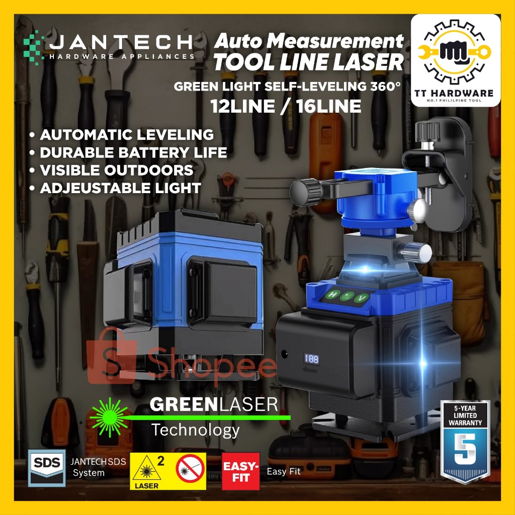 TT Hardwar 12/16 Line Laser Level Green Light Self-Leveling 360° Rotary ...