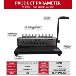Quaff Binding Machine A4 Ring Sd-1201 | Sd-1501A21 | Wire Td-1500B10 | Spiral Pd-1501 (unit only ...