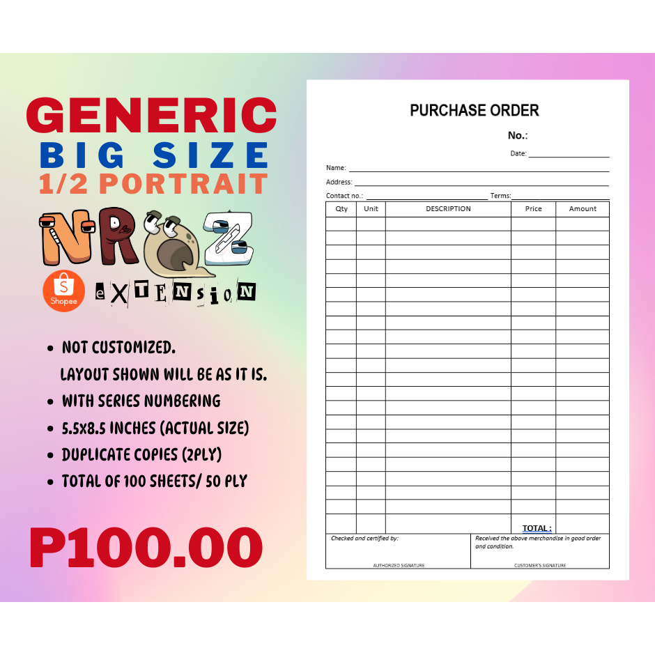 PURCHASE ORDER Big Size carbonized -- GENERIC ONLY | Shopee Philippines