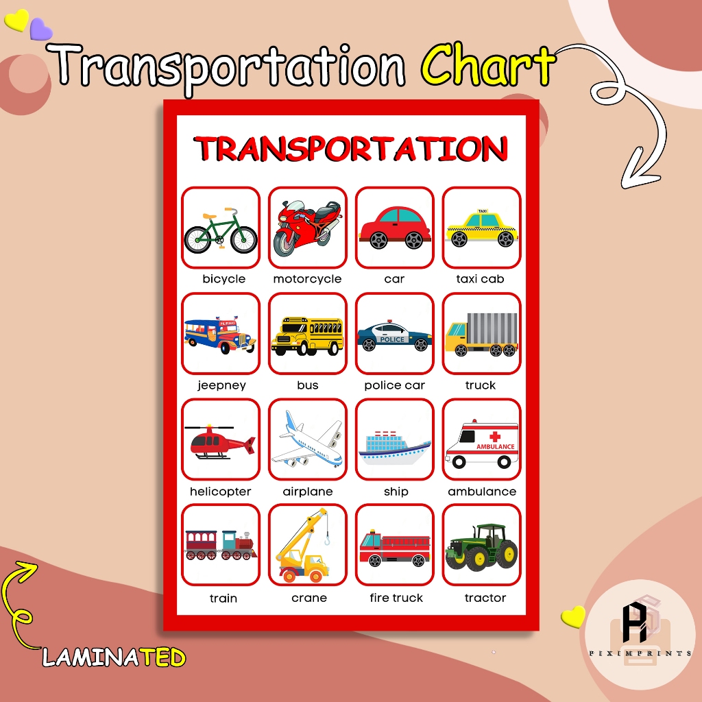 Transportation Chart Learning Materials for Kids (Laminated ...