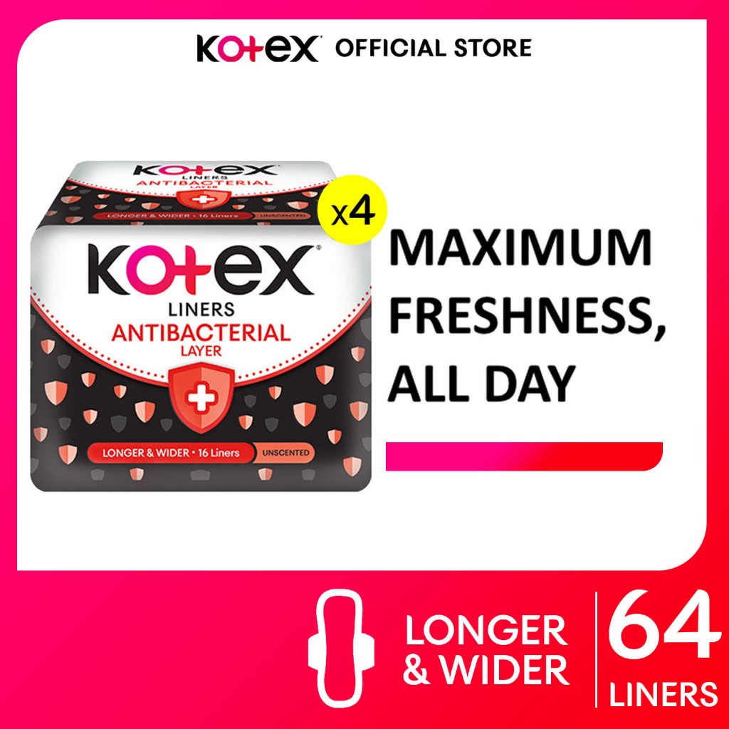 Kotex Antibacterial Longer & Wider Liners - 16s x 4 Packs (64 ...