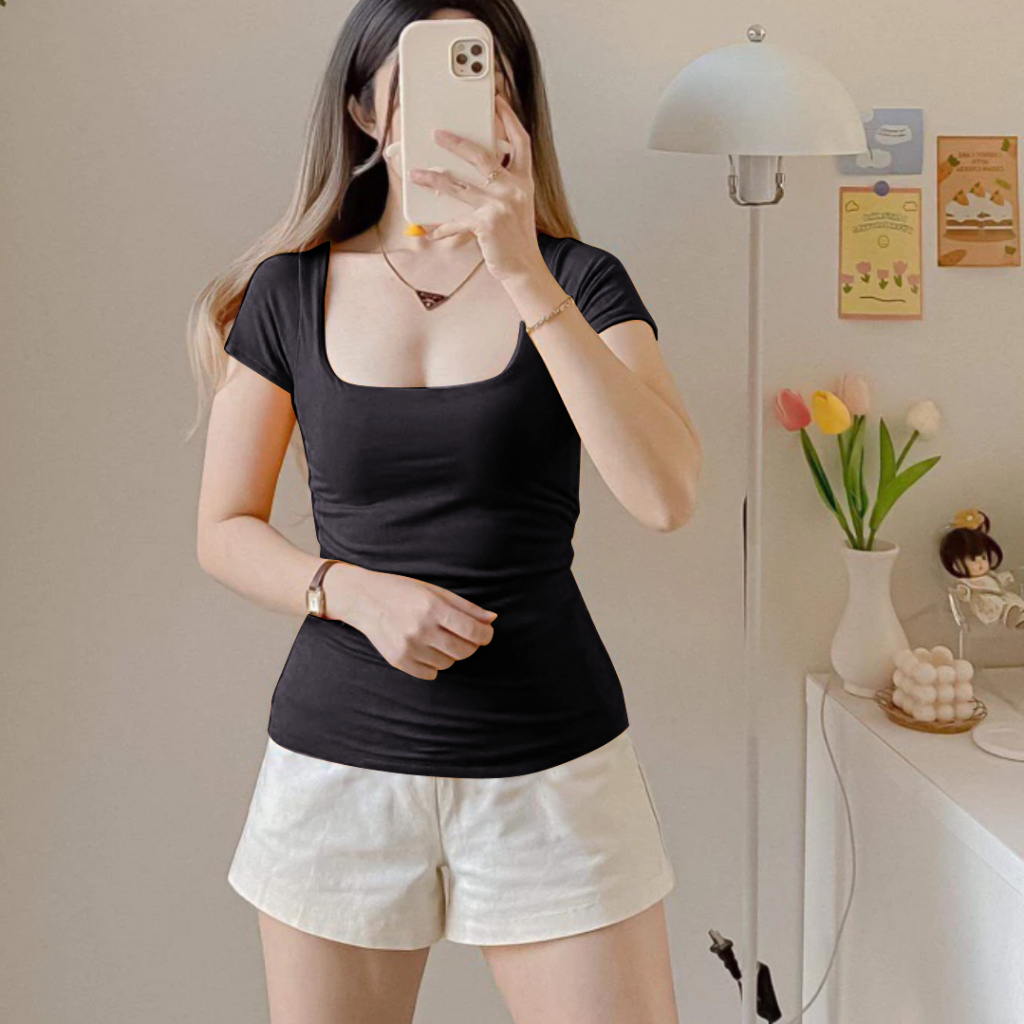 Angelcity Double Lining Top Square Neck Full Length Basic T Shirts ...