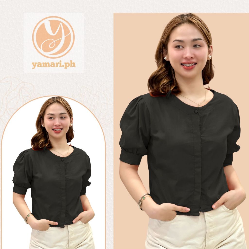 Yamari.PH Basic Casual linen round neck puffsleeves buttondown Polo top | VANESSA | Shopee ...