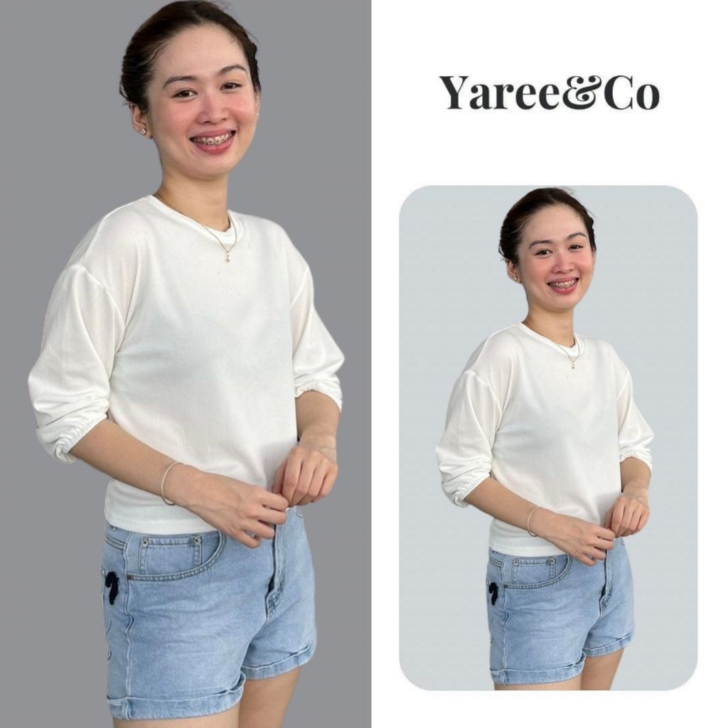 Yaree&Co. Jade Drop Shoulder 3/4 Sleeves Waffle Knit T-shirt Top ...