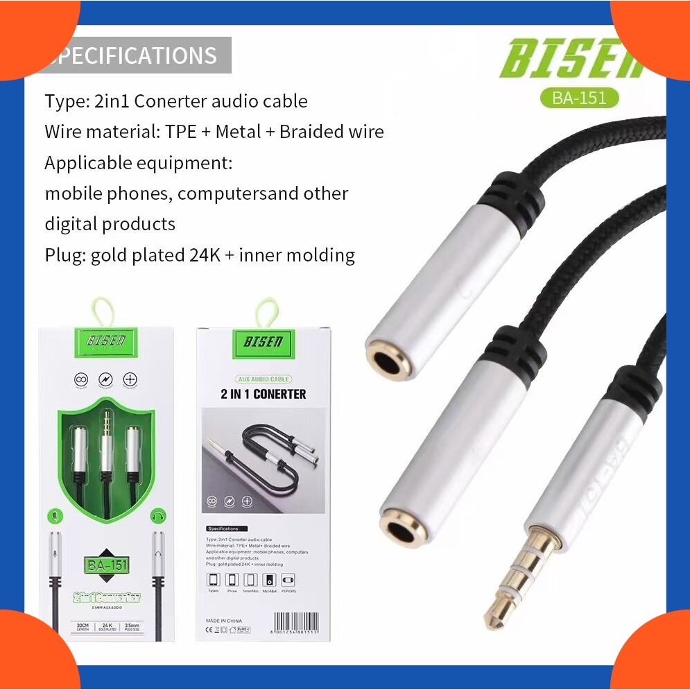 Bisen BA-151 2-in-1 Headphone Splitter Microphone Y-Adapter Cable Audio ...