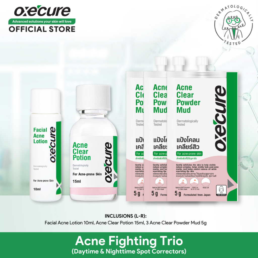 OXECURE Acne Fighting Trio (Acne Clear Powder Mud 5g, Acne Clear Potion ...