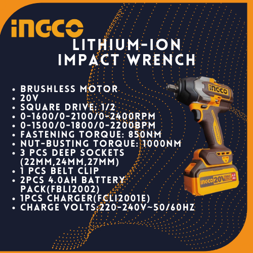 INGCO LITHIUM-ION IMPACT WRENCH 20V CIWLI2085 | CORDLESS TOOLS ...