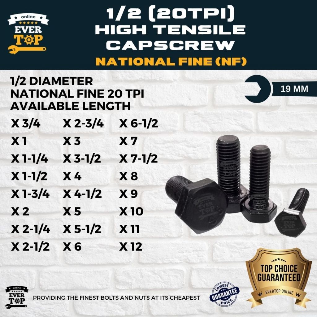 NF 1/2 (20TPI) (3/4" -12") Hex Bolt National Fine | High Tensile ...