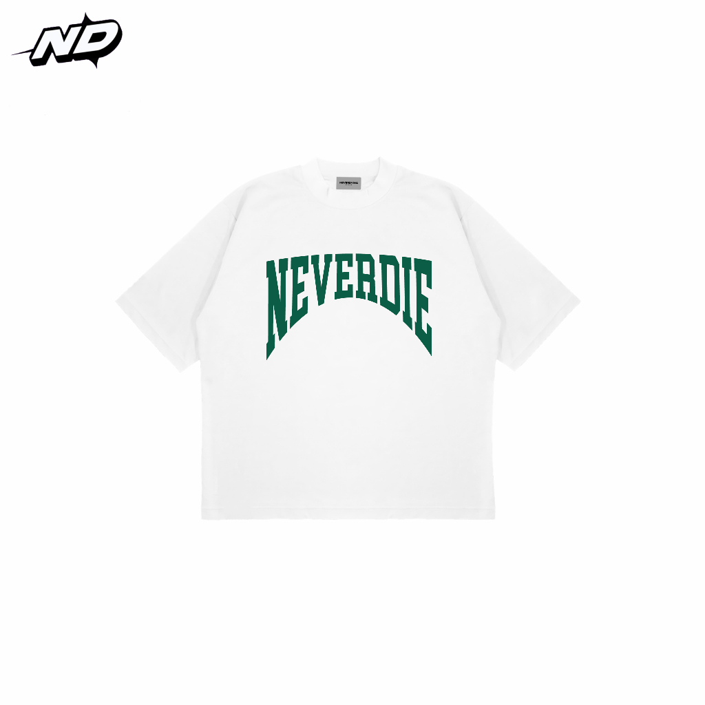 NEVERDIE Varsity Arc tee White Green Oversized Tee Premium cotton Pro ...