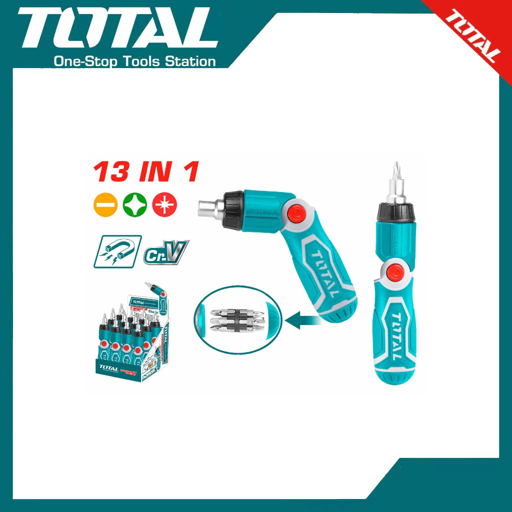 TOTAL TOOLS 13 in 1 Ratchet Screwdriver Set Folding Handle Magnet Bit ...